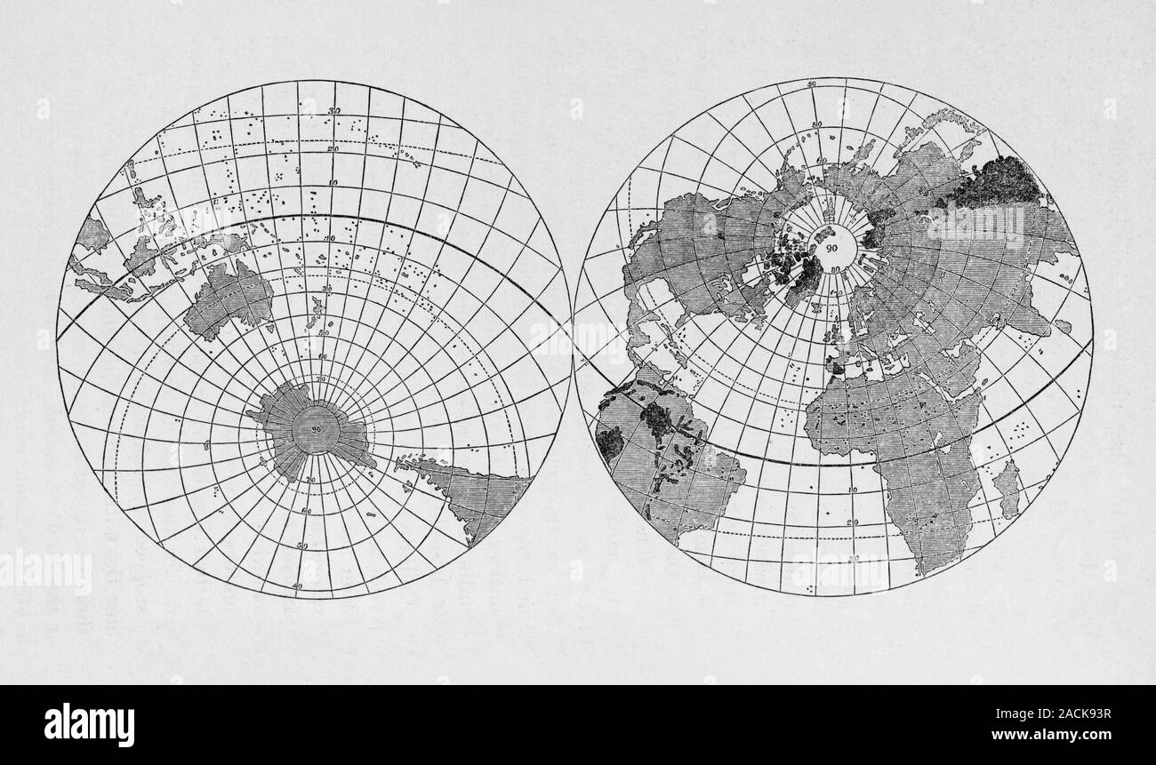 Antipodean land masses. Two hemispherical maps of the globe. The one at ...