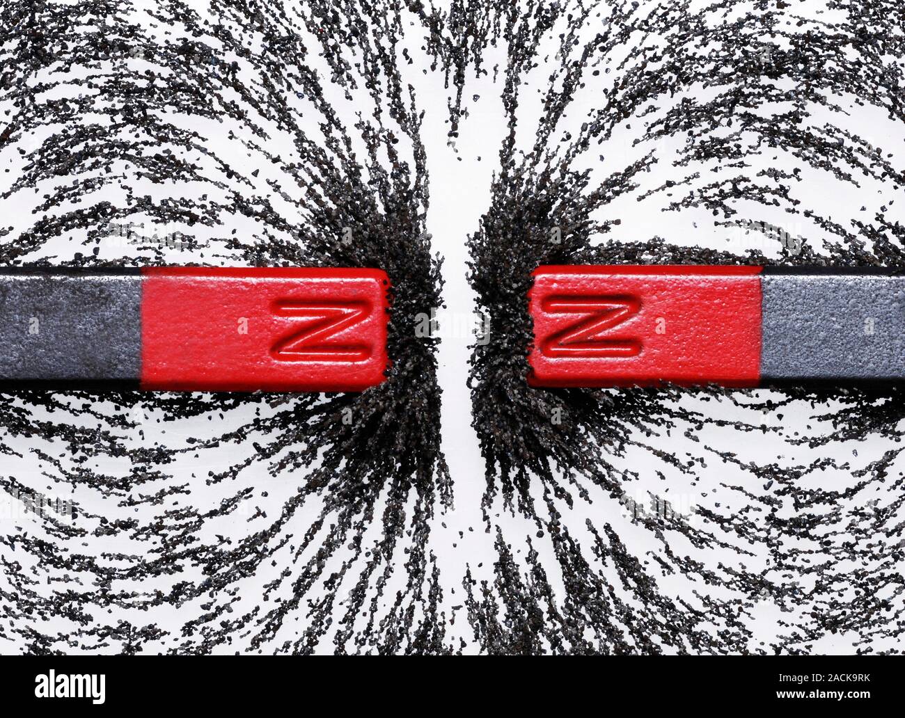 Magnetic repulsion. The iron filings sprinkled between these two bar magnets reveal the shape of the repulsive magnetic field between them. The filing Stock Photo Alamy