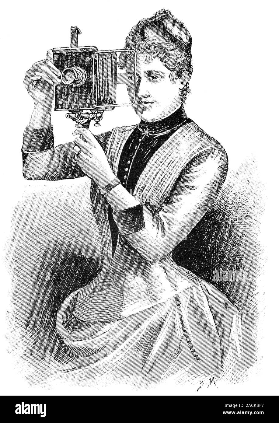 Bourdin camera. Woman using a viewfinder while operating an early ...