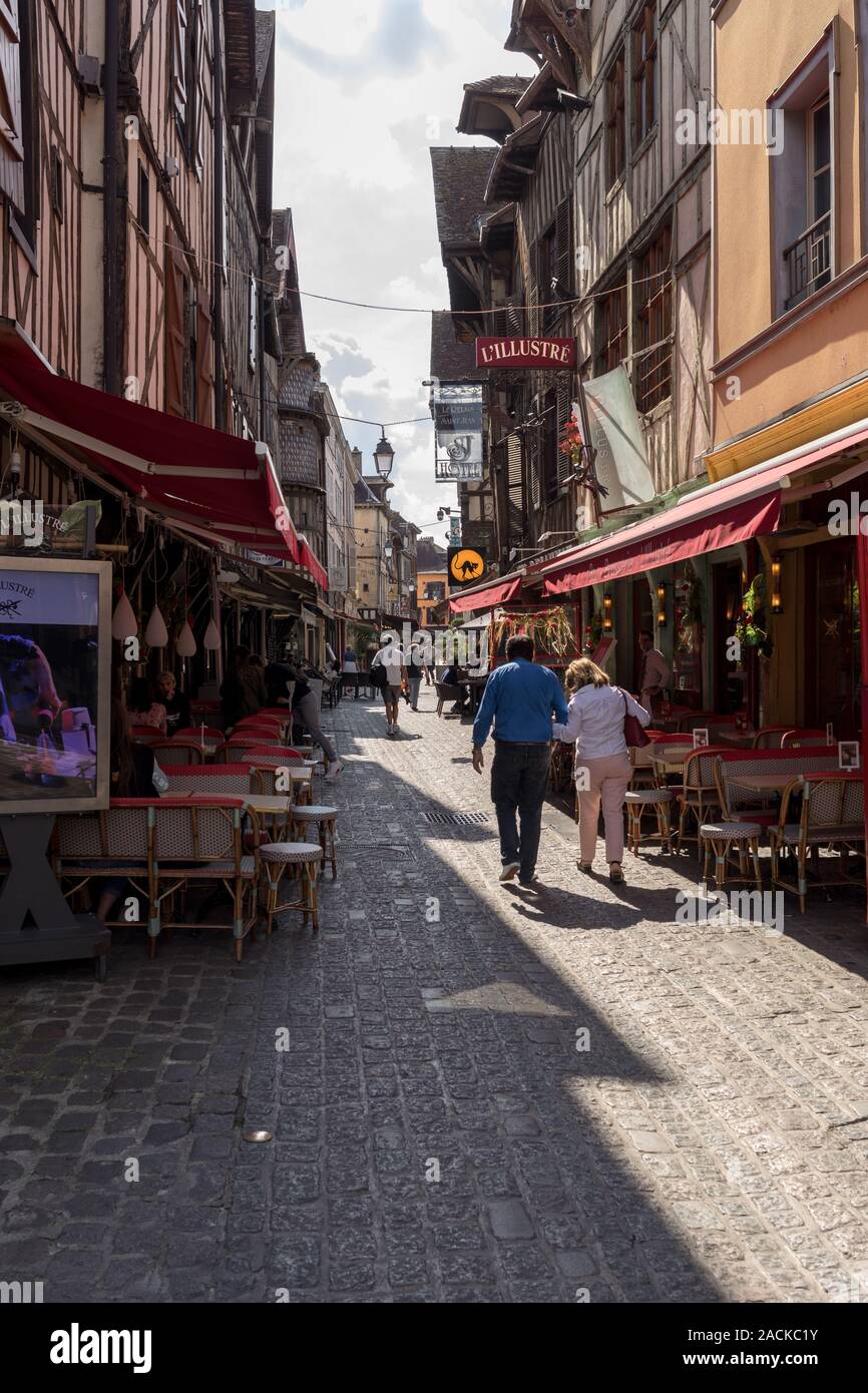 Troyes, France - August 31, 2018: Tourists exploring the narrow streets ...