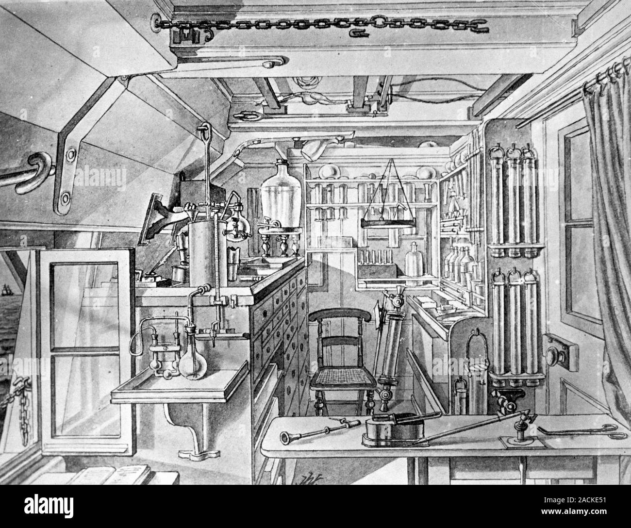 HMS Challenger laboratory. Artwork of one of the laboratories on board ...