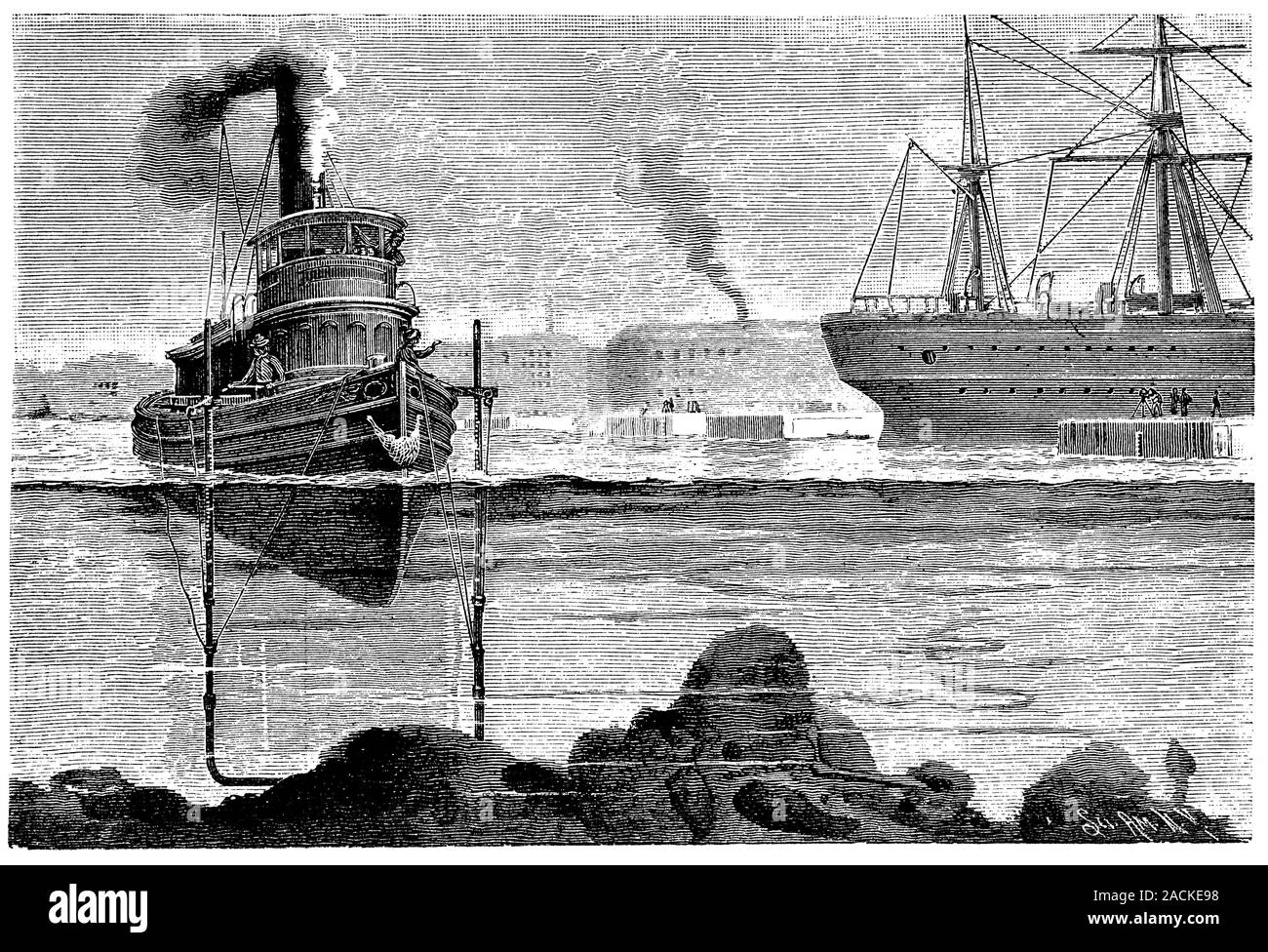 Dredging New York harbour. The steamboat at left is using an apparatus ...