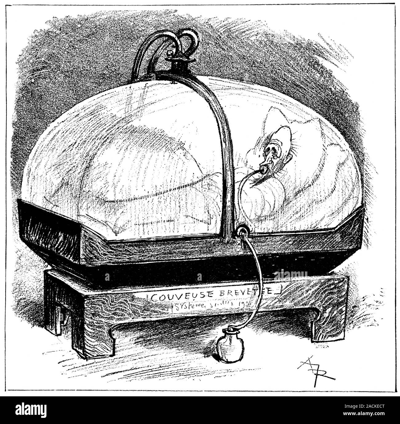 Electric incubator. Caricature of a man being kept alive in an electric ...