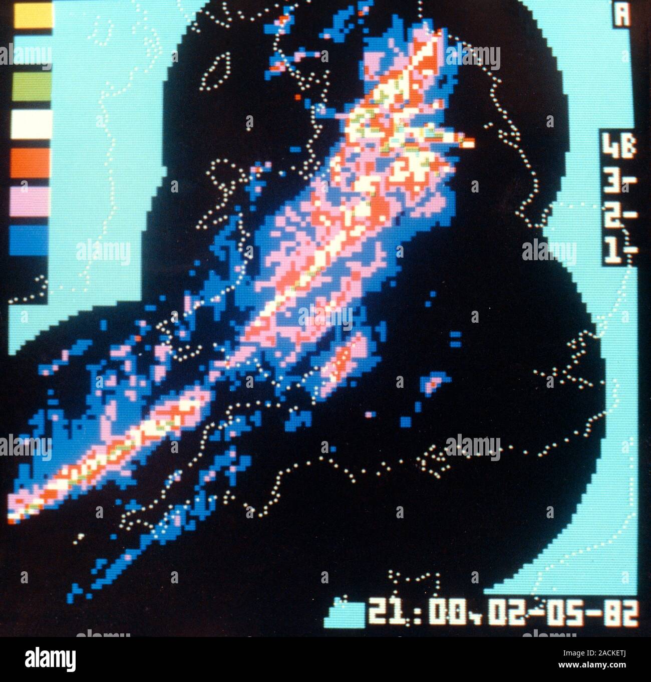Weather radar display. Weather radar detects rainfall by sending out ...