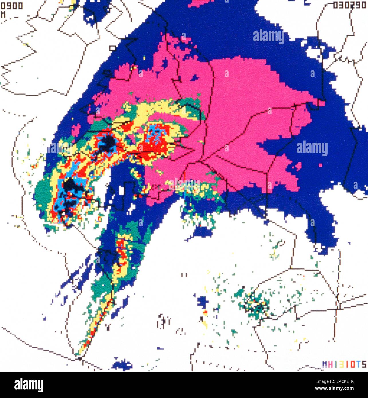 Weather radar display. Weather radar detects rainfall by sending out ...