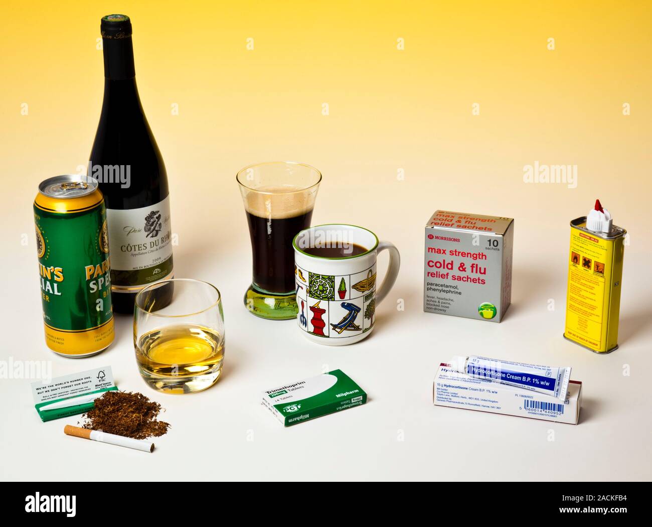 Products containing drugs. Legal drugs used for recreation (left ...