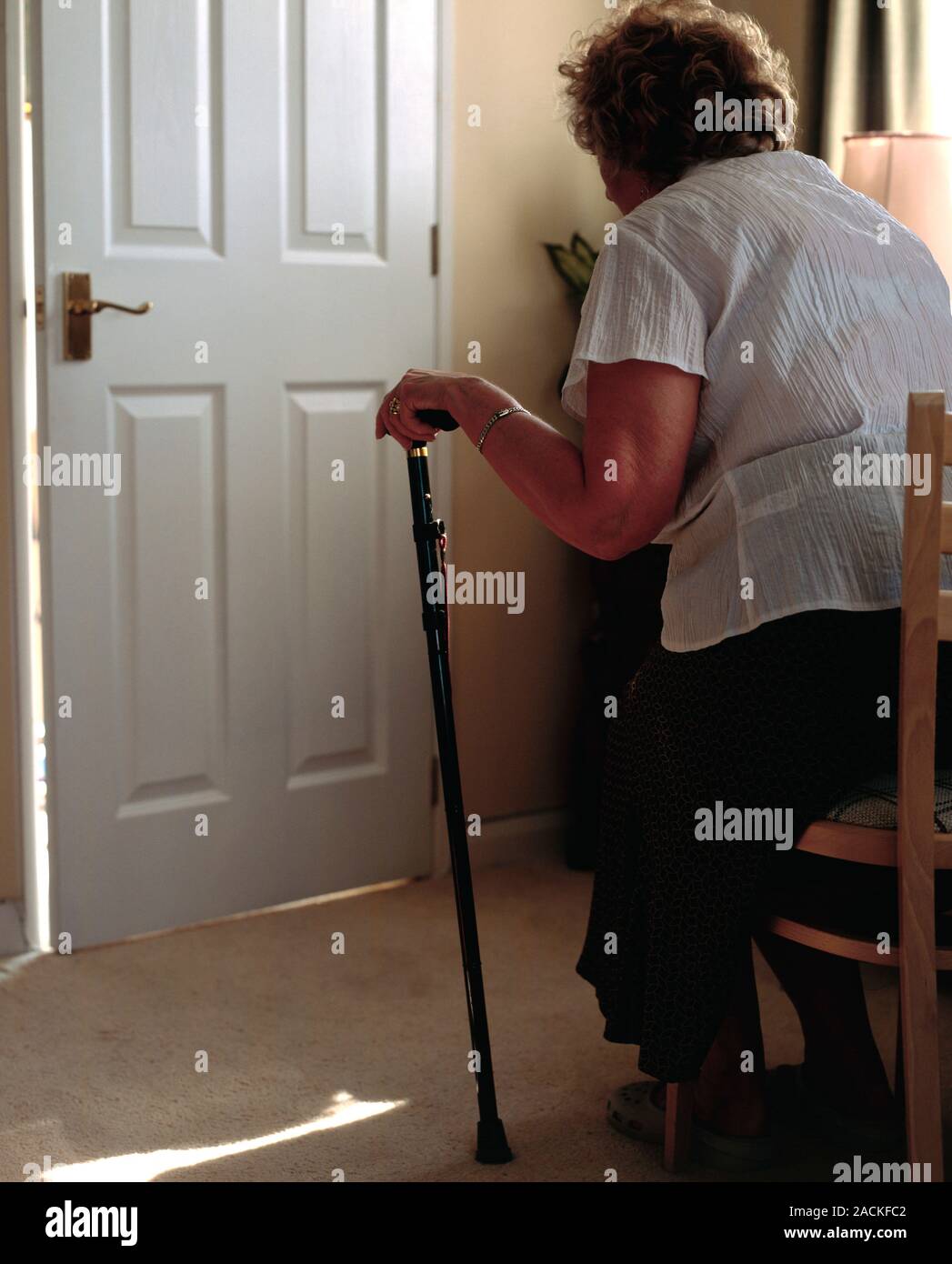 Using a walking stick. Elderly woman using a walking stick to get up ...