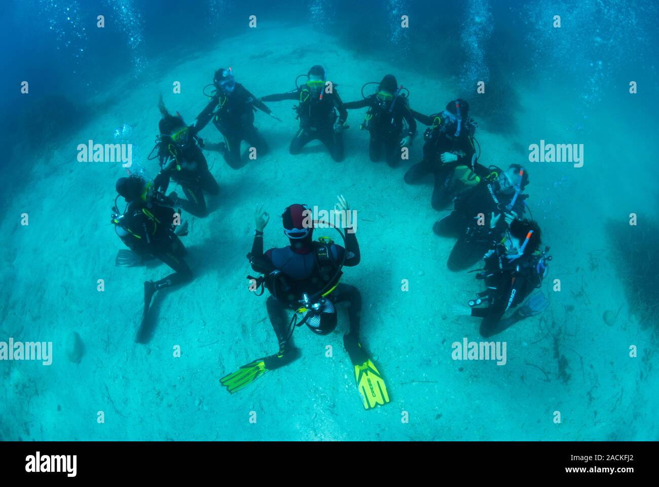 SCUBA training. Diving instructor (centre) teaching people how to dive ...