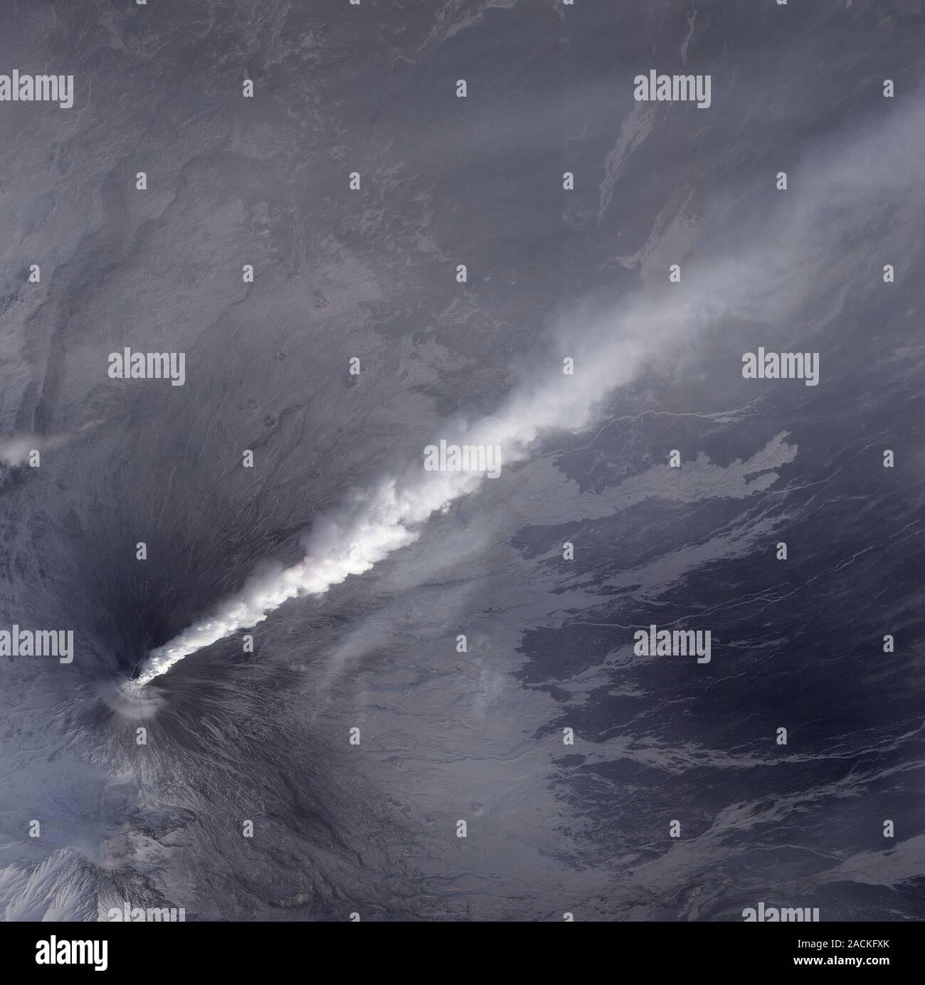 Klyuchevskaya Volcano, satellite image. Plumes of ash and smoke erupt ...