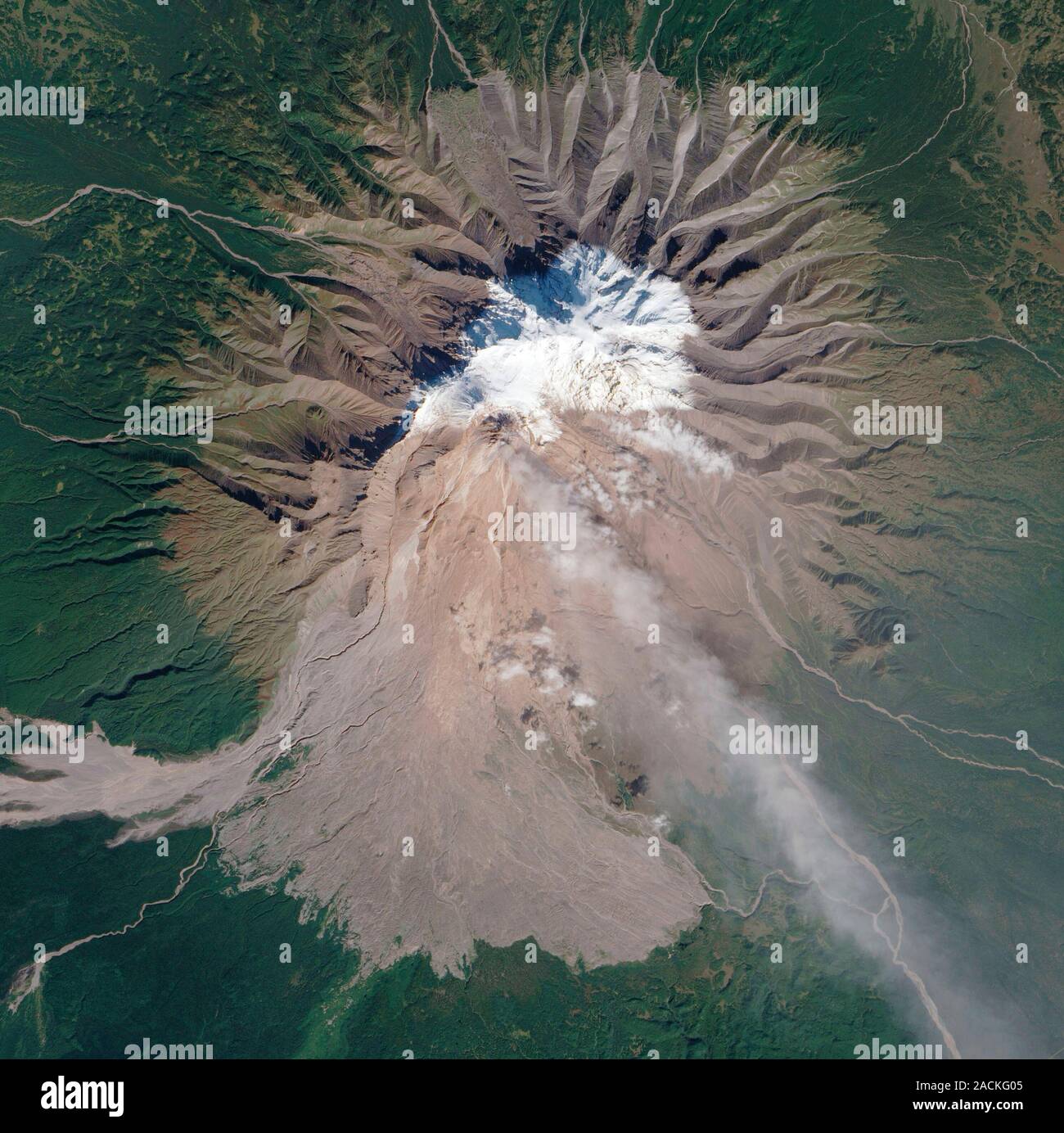 Shiveluch Volcano, satellite image. Plumes of ash and smoke erupt from ...