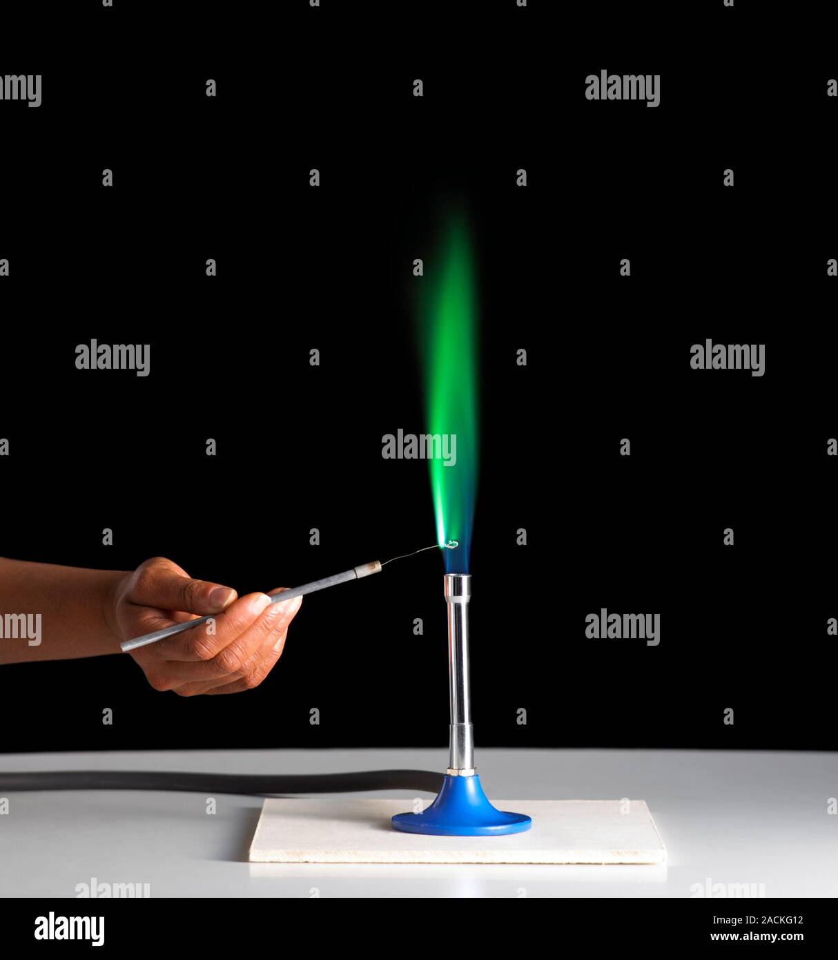 Copper flame test. Positive result of a flame test for copper (Cu ...