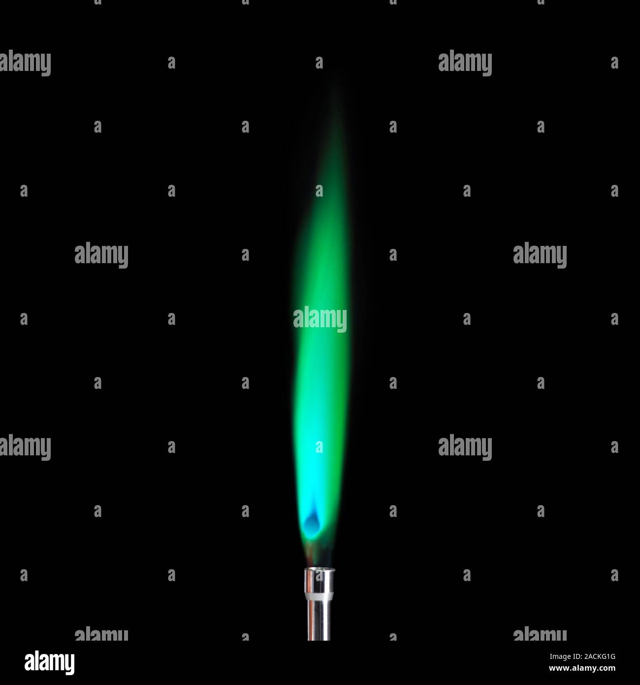 Copper flame test. Positive result of a flame test for copper (Cu ...