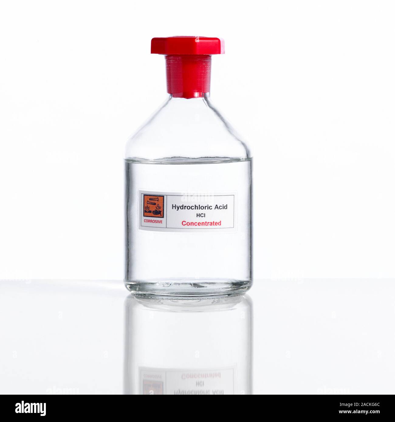 Hydrochloric acid, laboratory bottle. The hazard label warns that this ...