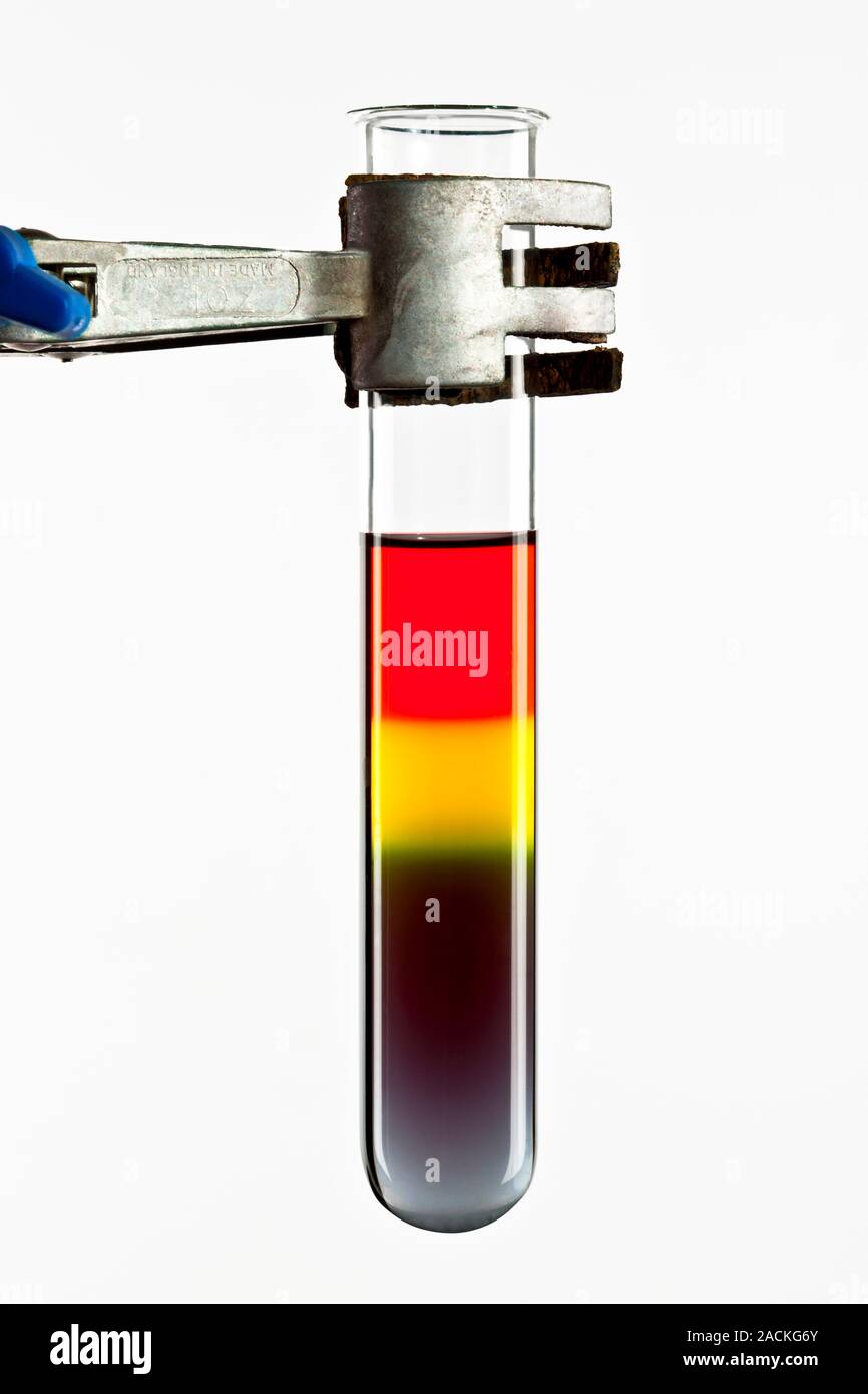 Universal indicator rainbow experiment. Test tube showing a range of ...