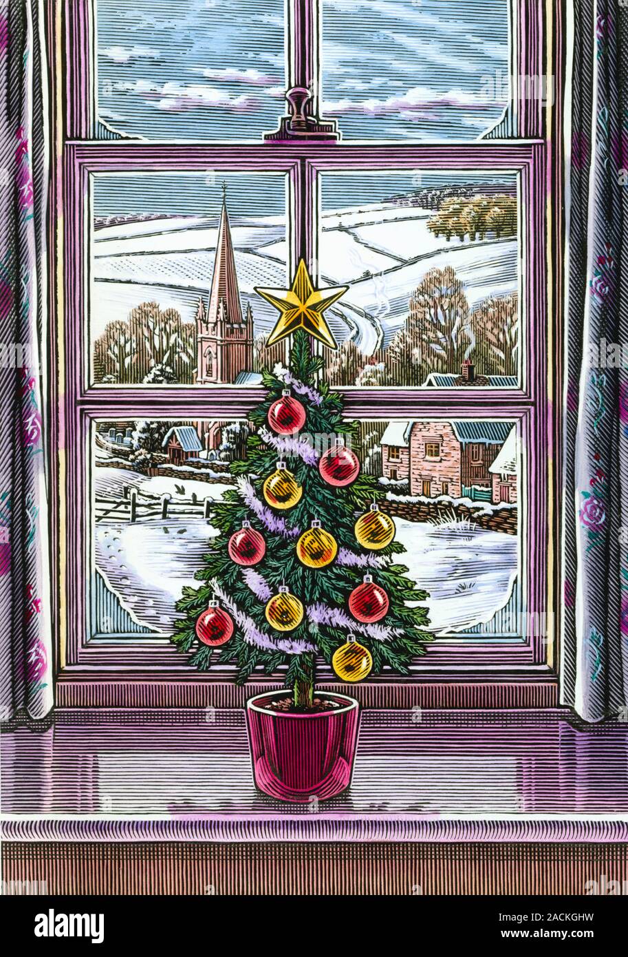 Christmas scene. Artwork of a small Christmas tree in a window Stock ...