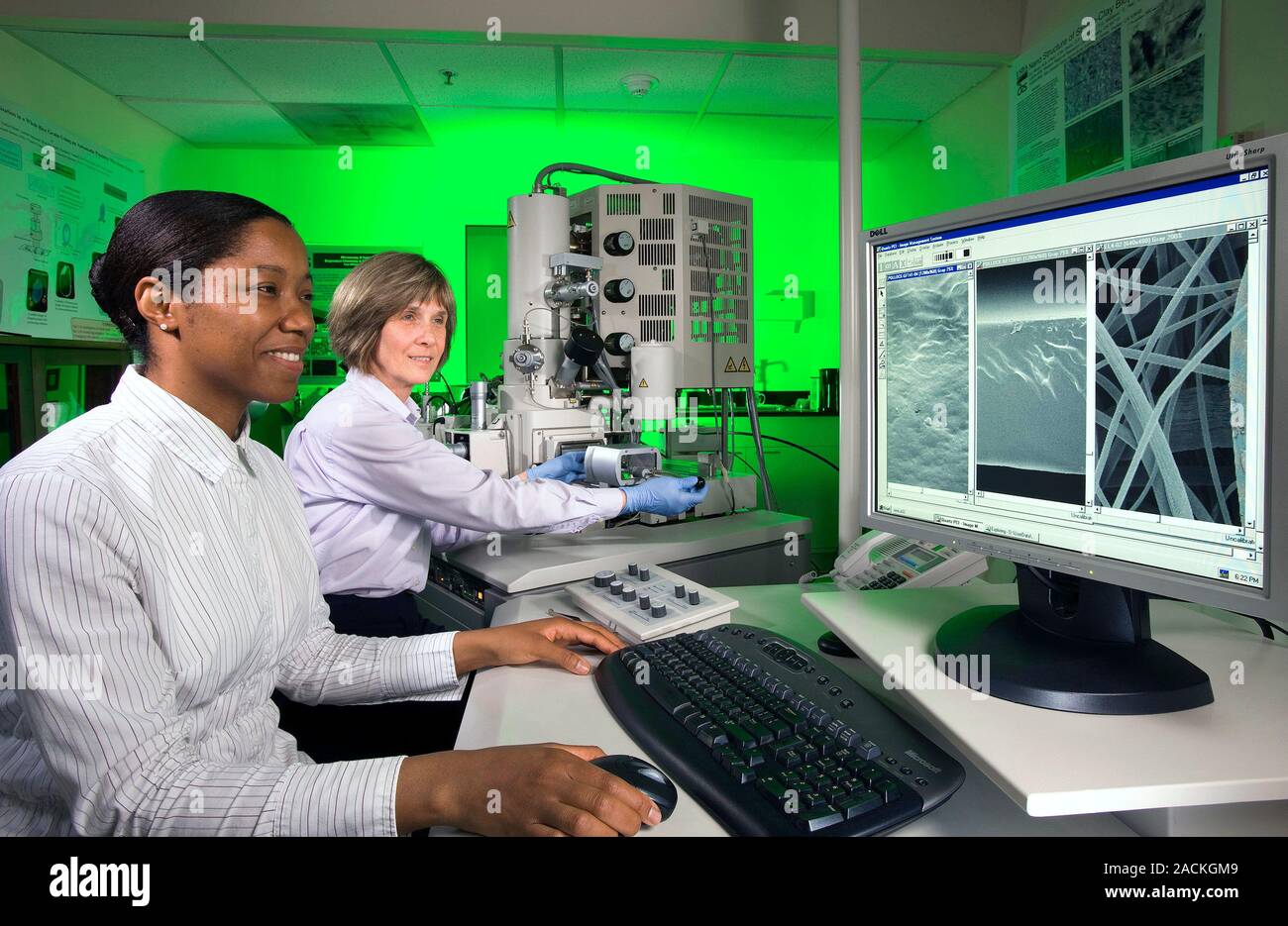Nanotechnology research. Researchers examine scanning electron ...