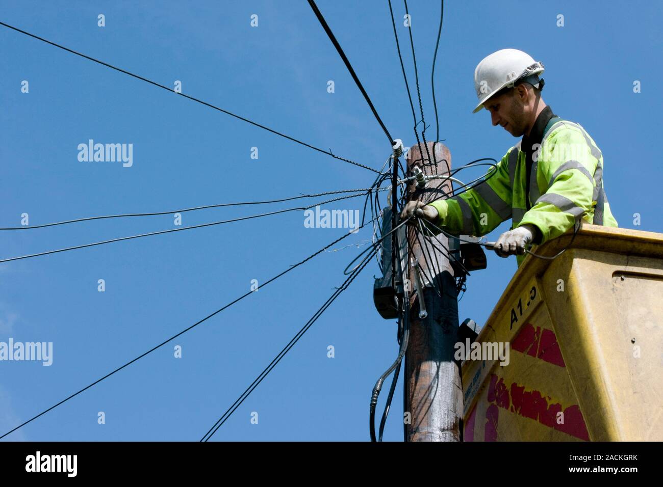 Repairing telephone lines. Telephone engineer up a telegraph pole while ...