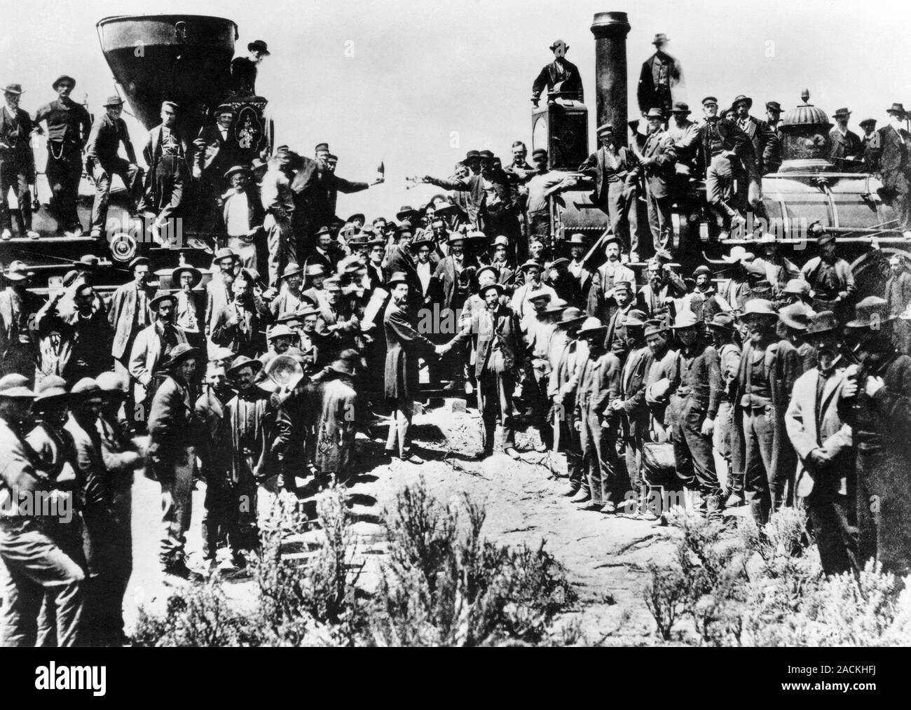 Transcontinental Railroad celebration. Engineers and workers ...