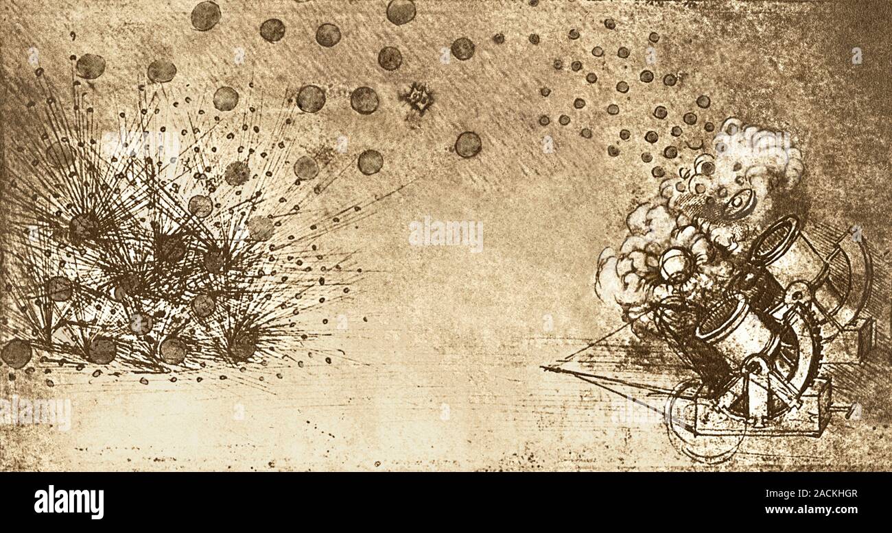 Leonardo's sketch of explosive cannon balls fired from large mortars ...