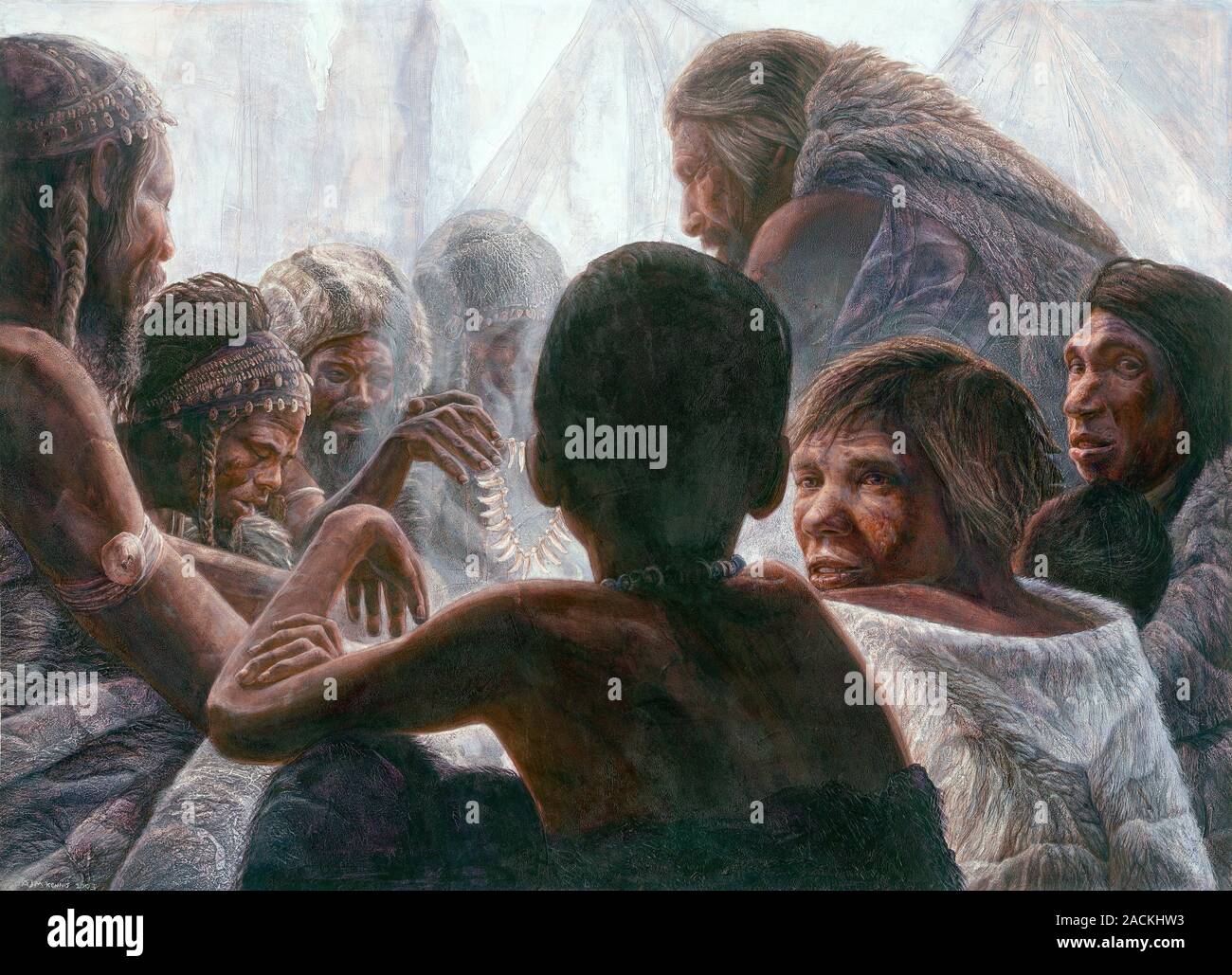 Neanderthals with modern humans. Artwork showing interactions between ...