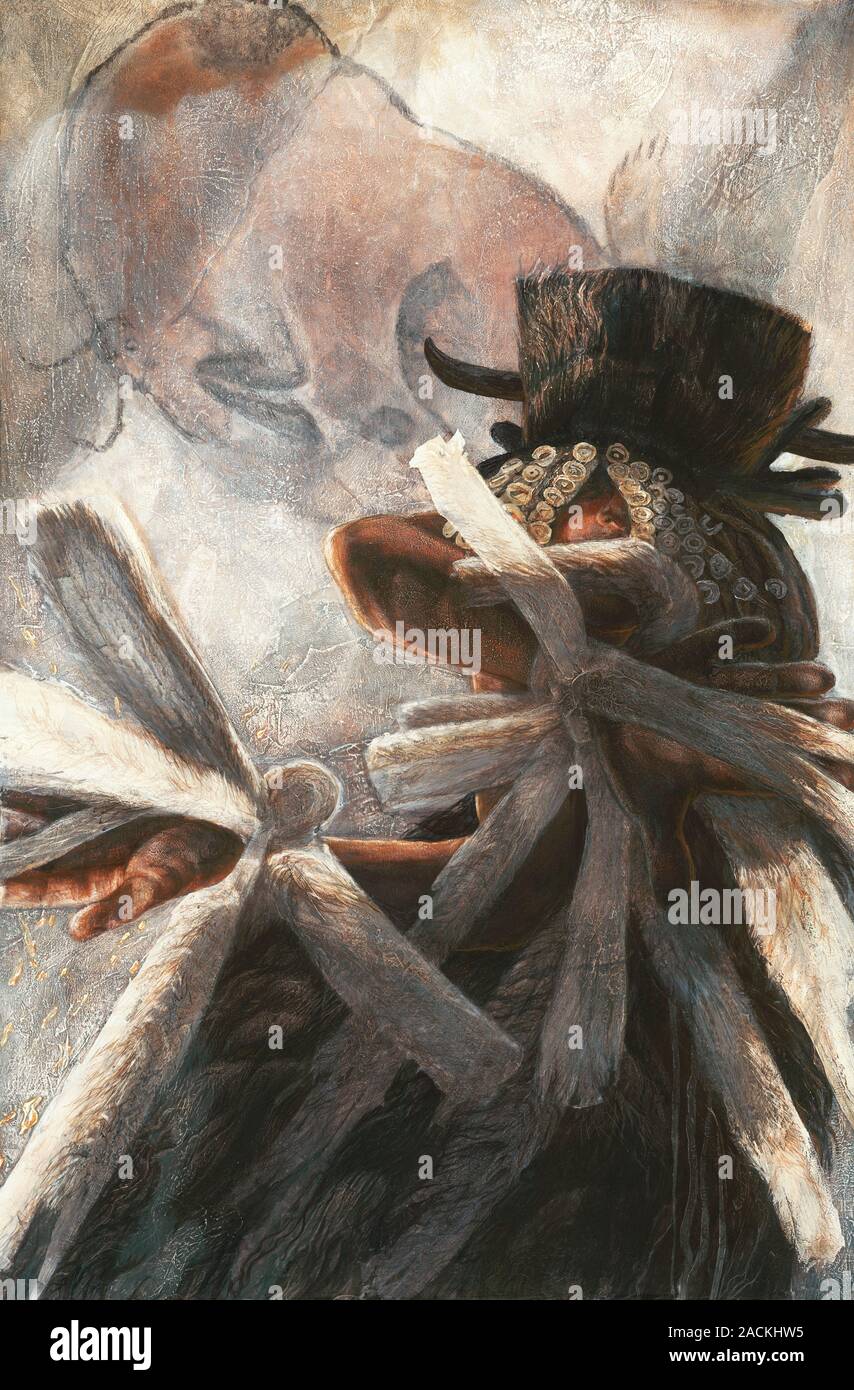 Prehistoric shamanism. Artwork of a shaman engaging in a ritual dance ...