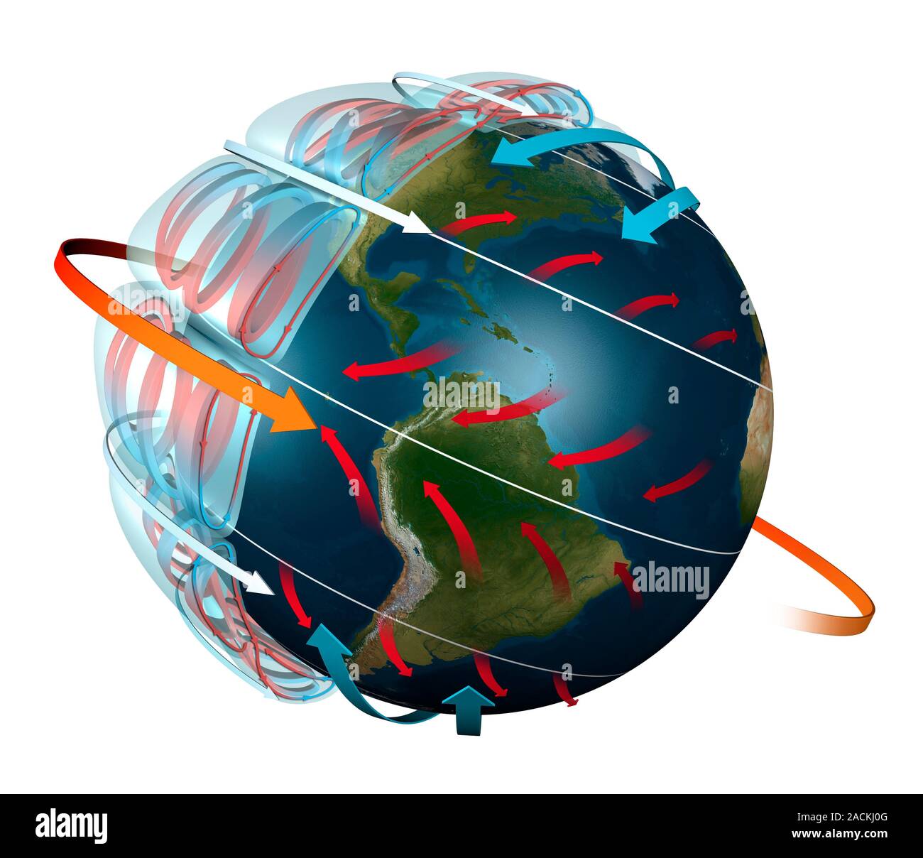 Global winds. Computer artwork showing the path of the prevailing and ...