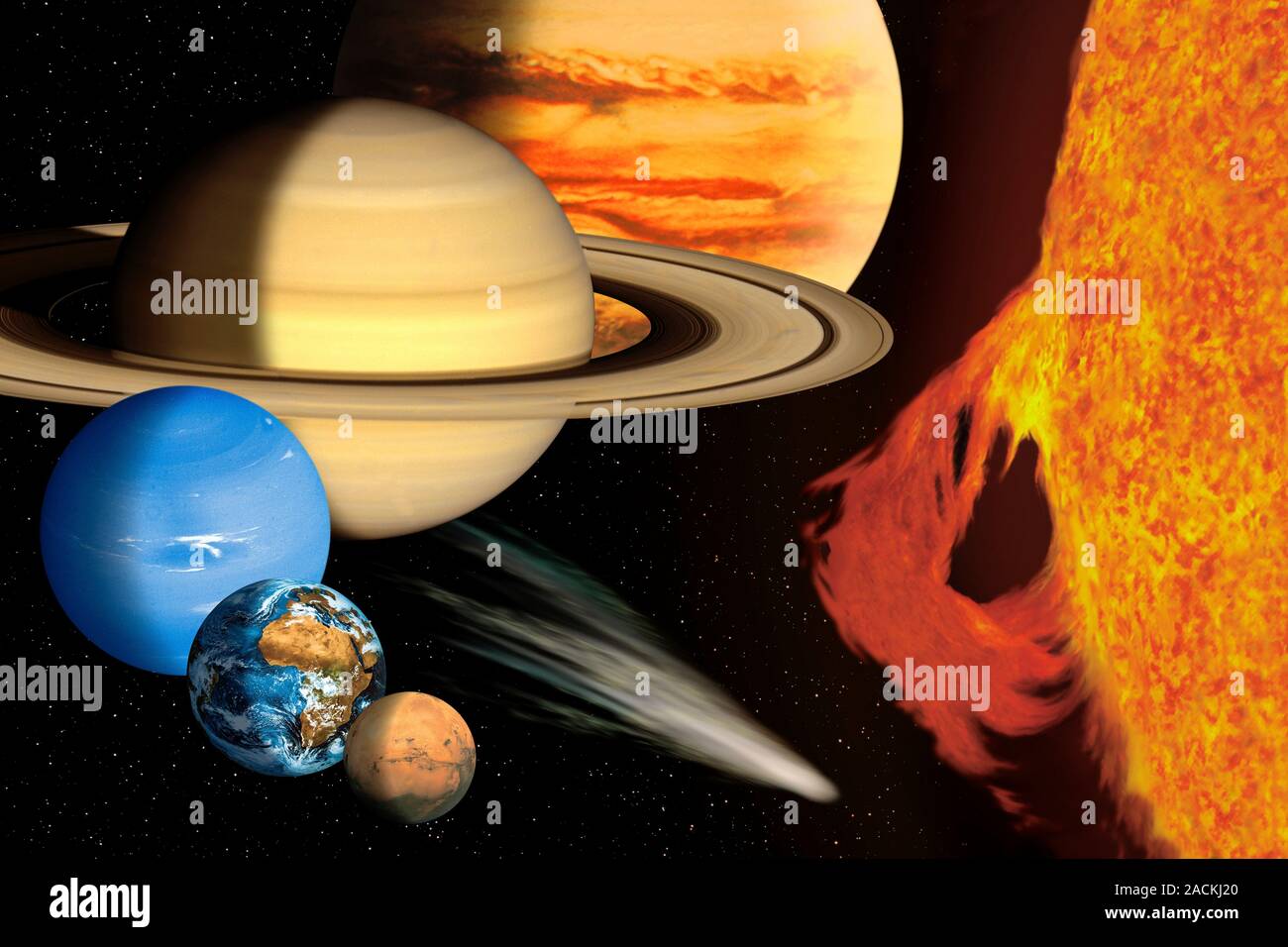 Solar System. Artwork of the Sun (right) and five of the eight planets ...