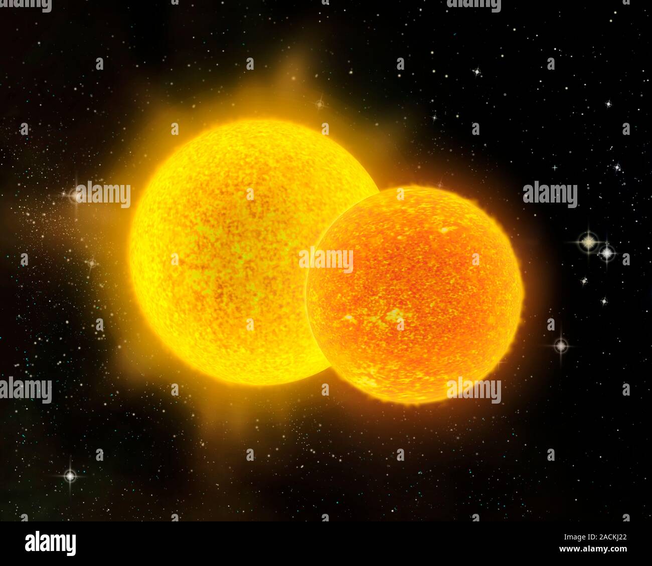 Binary star system. Artwork of two stars forming part of a binary or double star system. Such a ...