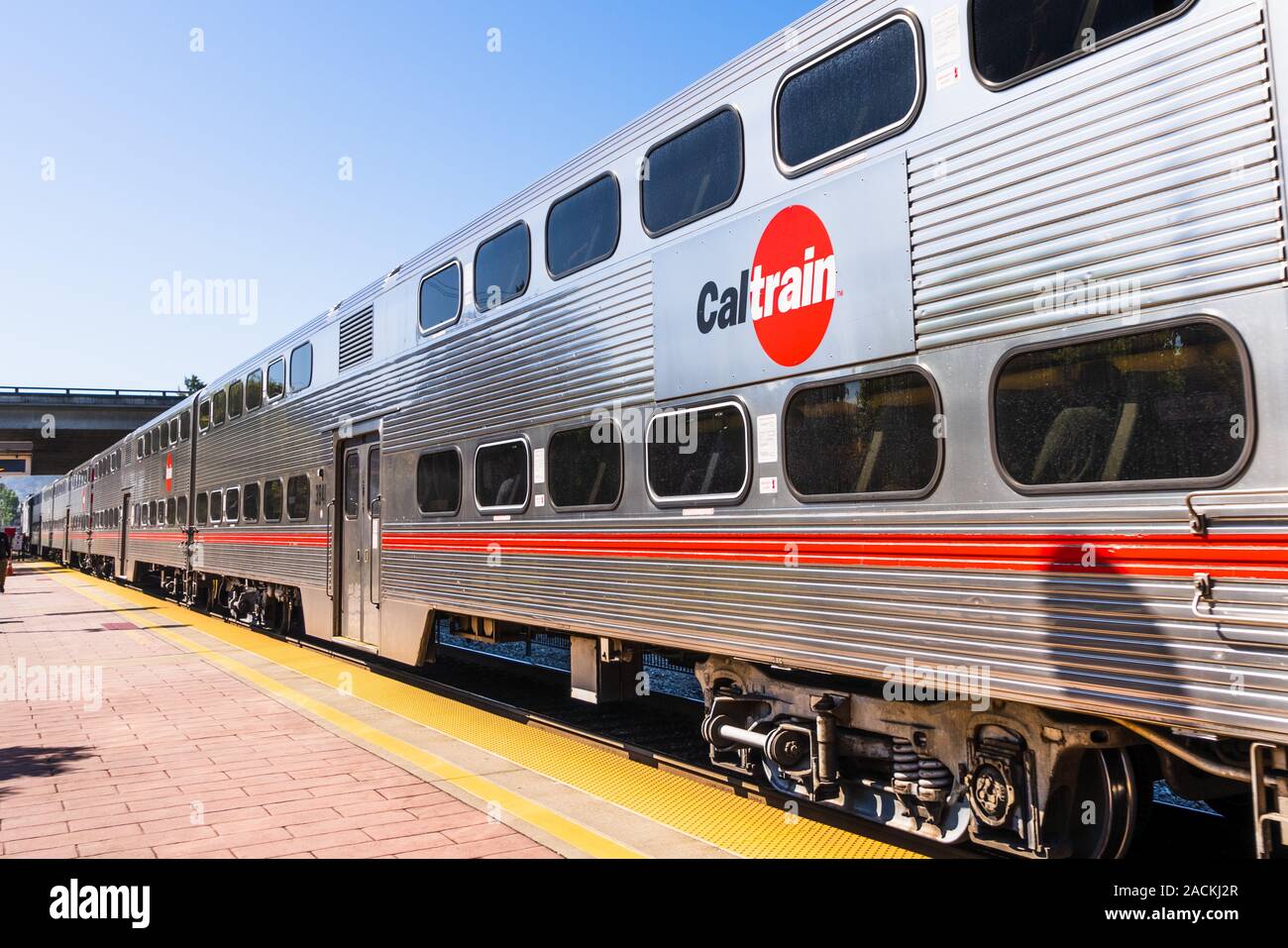 Aug 15, 2019 San Mateo / CA / USA - Close up of Caltrain car; logo ...