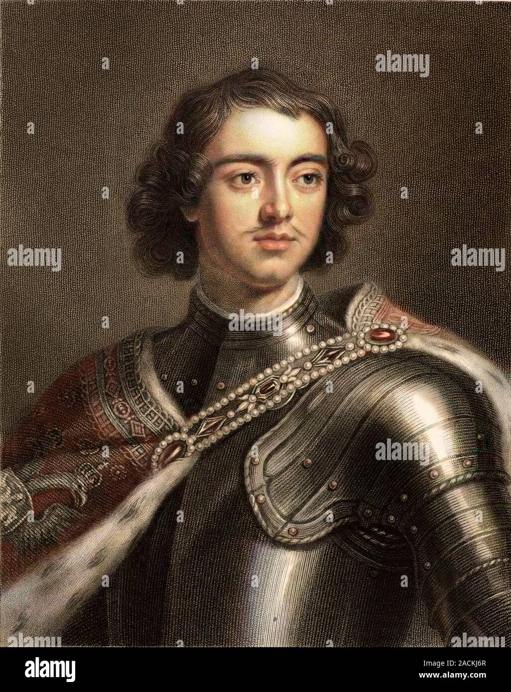 Engraving with later tinting of Peter the Great (1672-1725). Tsar of ...