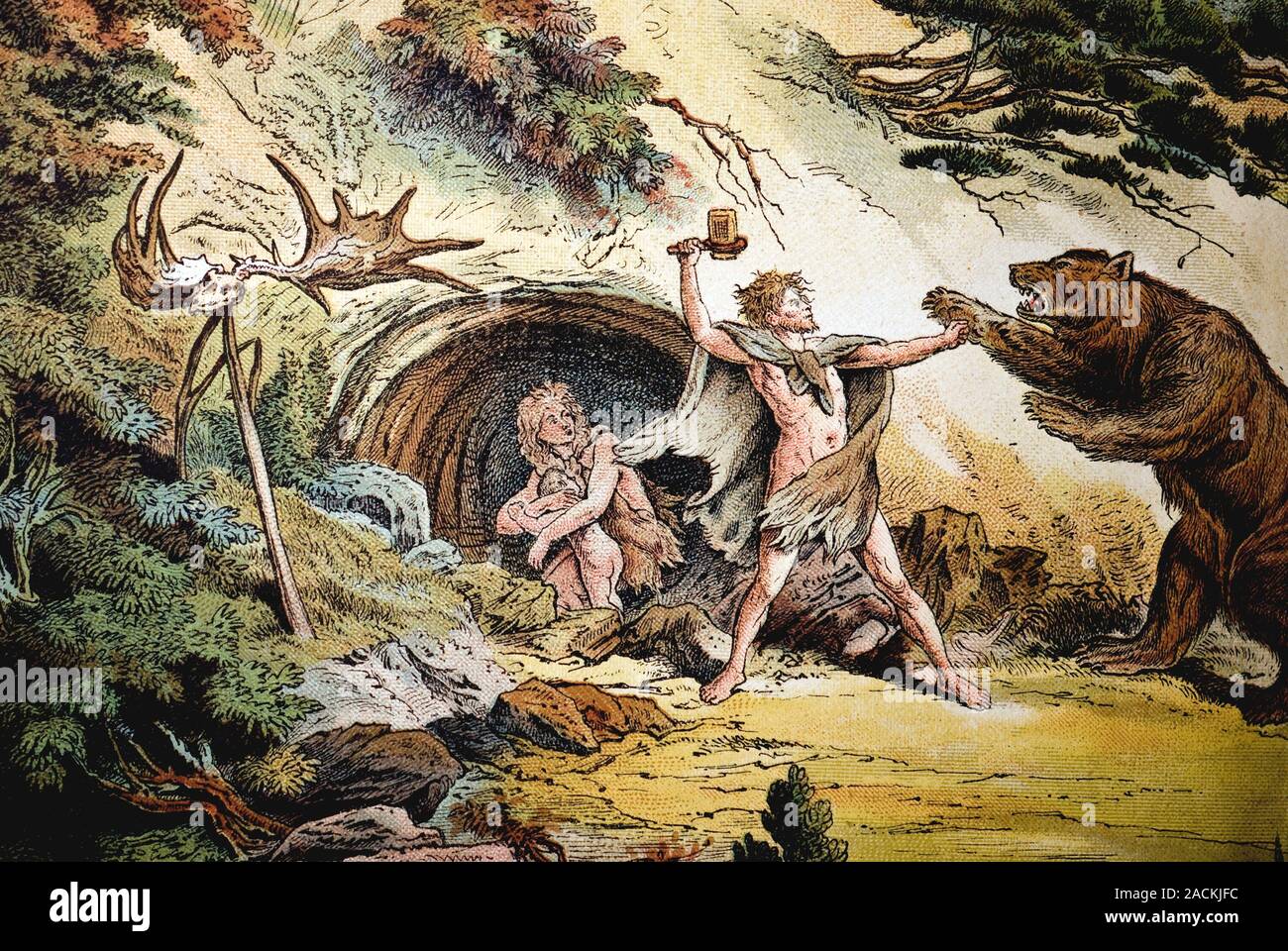 Cave man protects his mate and child from a marauding cave bear. He ...