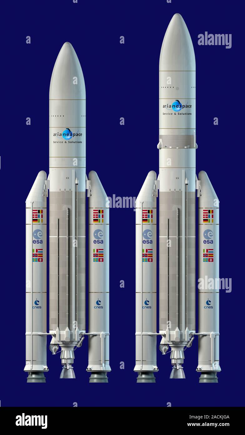 Ariane 5 rockets, artwork. These are the ES (Evolution Storable, left ...