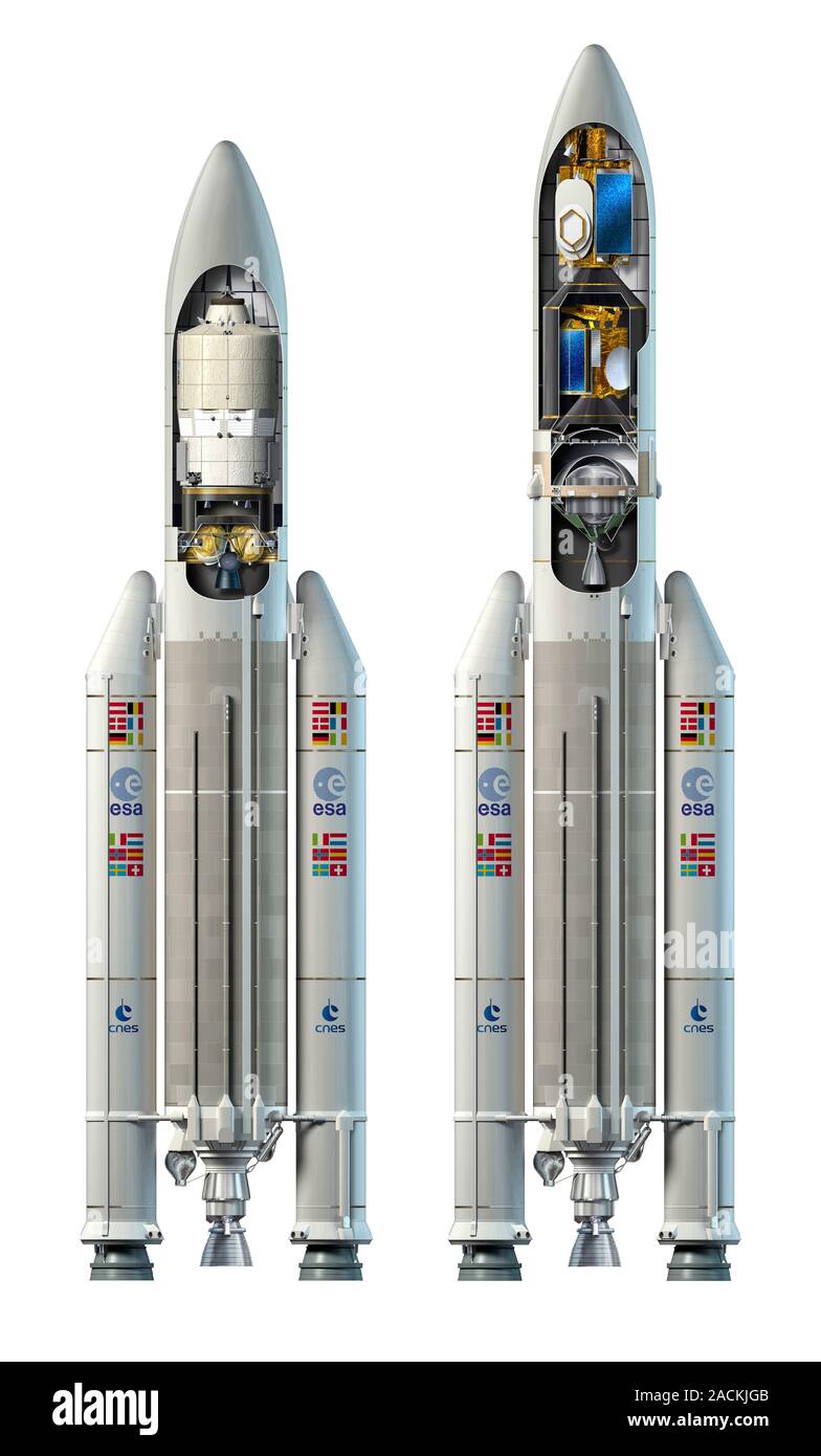 Ariane 5 rockets, cutaway artwork. These are the ES (Evolution Storable ...