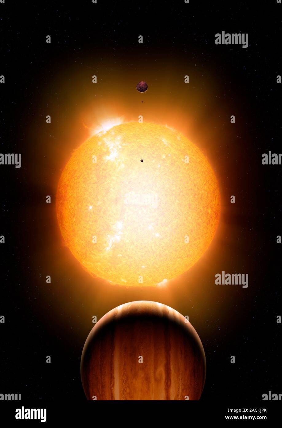 Alien planetary system. Computer artwork of a star (centre) and its ...