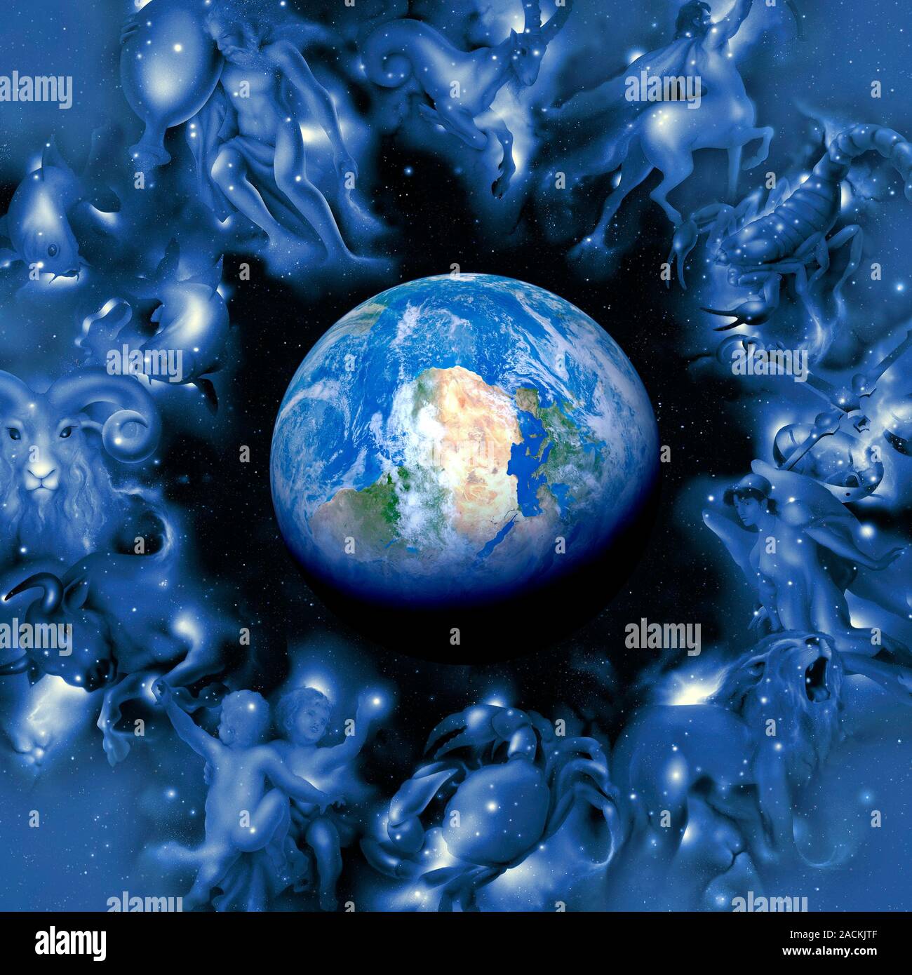 Earth and star signs. Computer artwork of the Earth surrounded by ...