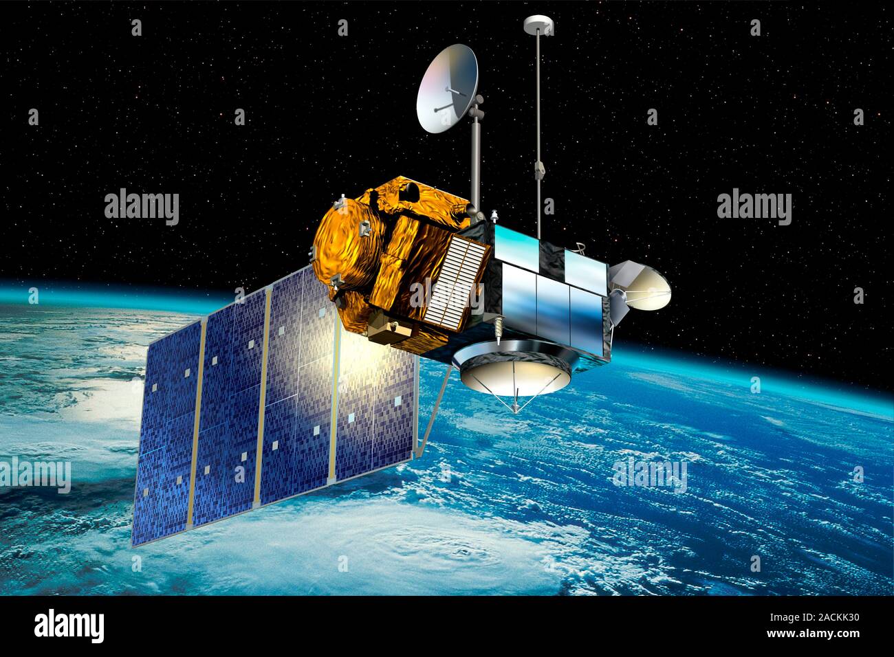Topex-Poseidon satellite orbiting the Earth, artwork. This satellite ...