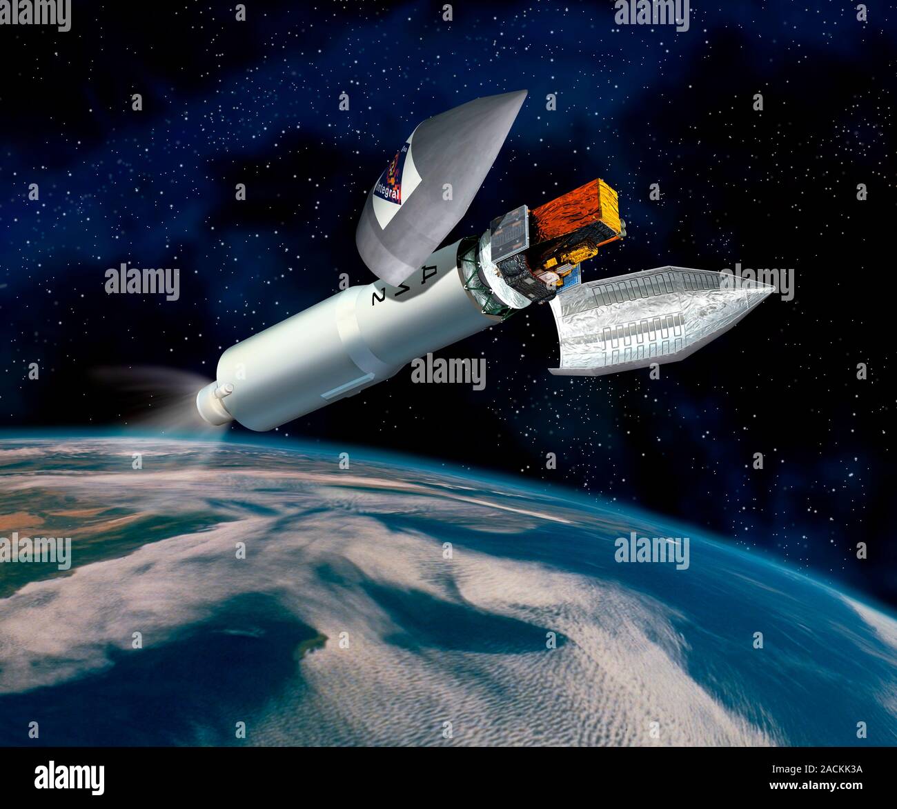 INTEGRAL satellite launch. Artwork of the International Gamma-Ray ...