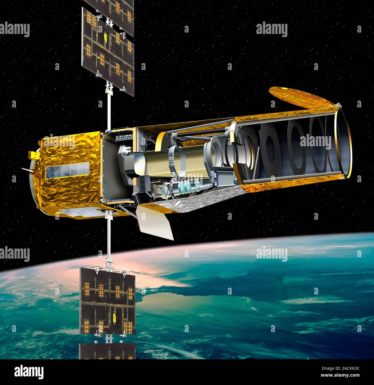 COROT satellite in Earth orbit. Cutaway artwork showing the internal ...