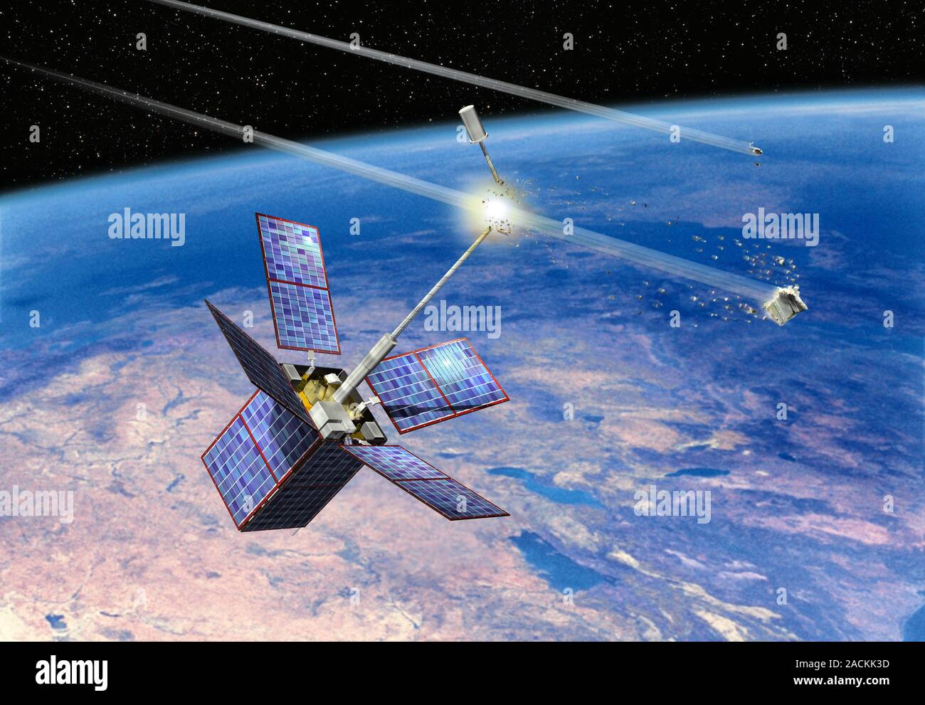 Cerise satellite collision. Artwork showing the French military spy satellite Cerise, launched ...