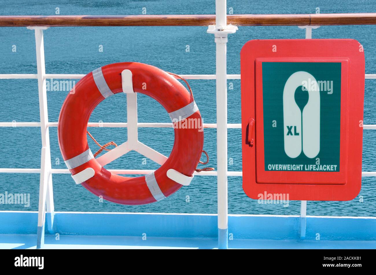 Life-saving equipment on a ship. Life-preserver ring and storage unit ...