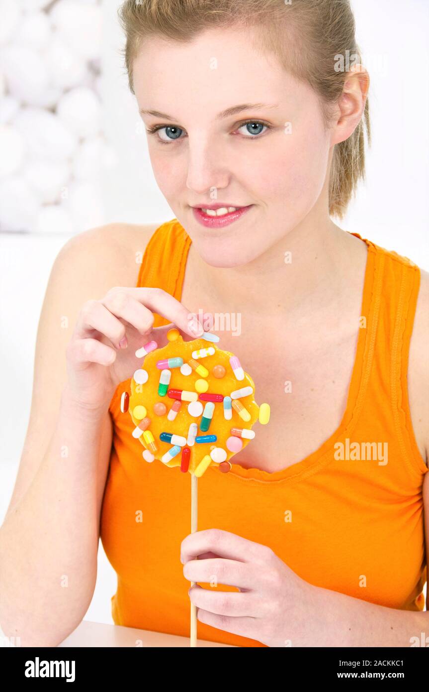 Overprescription of drugs. Conceptual image of a woman selecting drugs ...