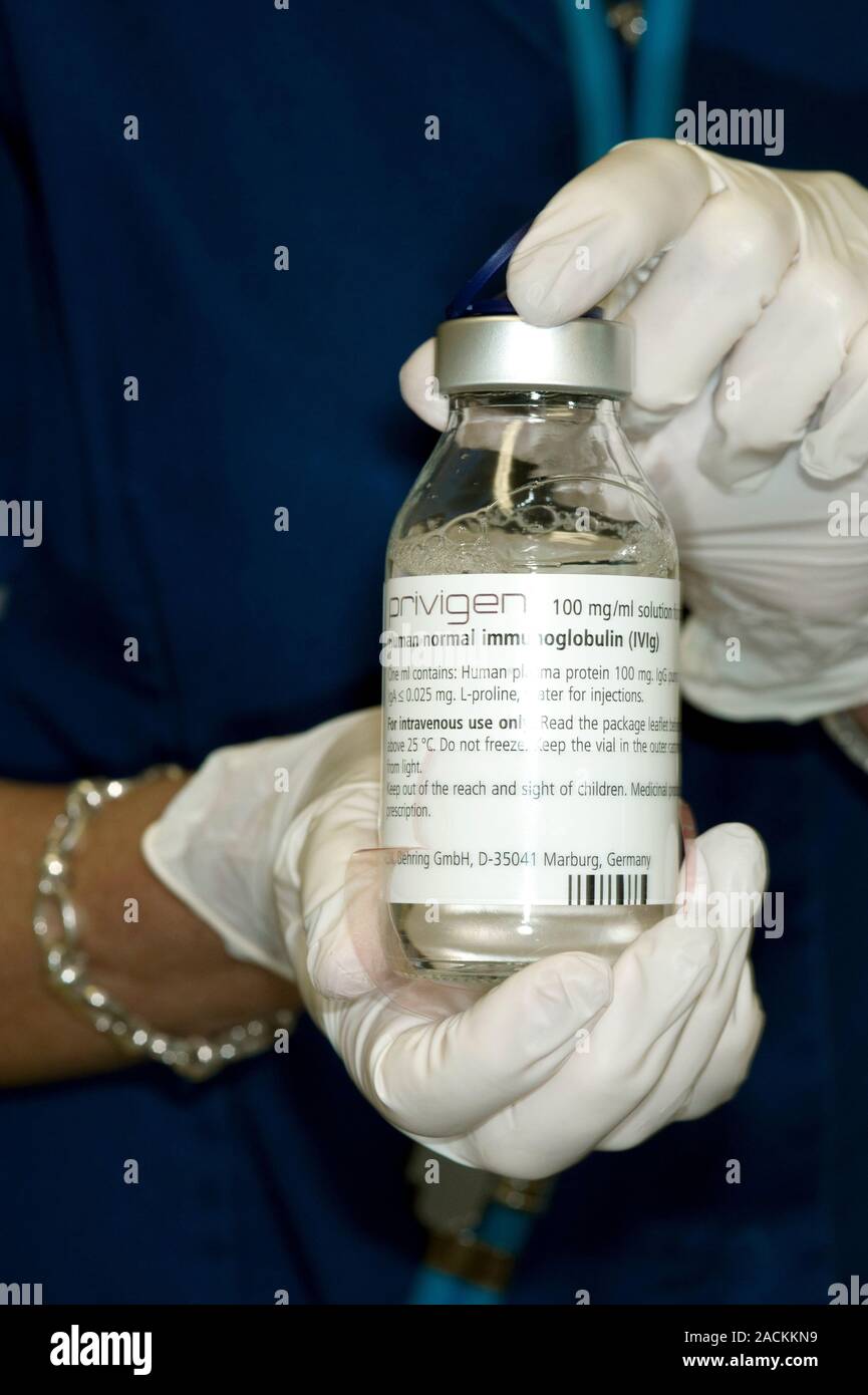 Bottle of Privigen infusion to be administered intravenously to a ...