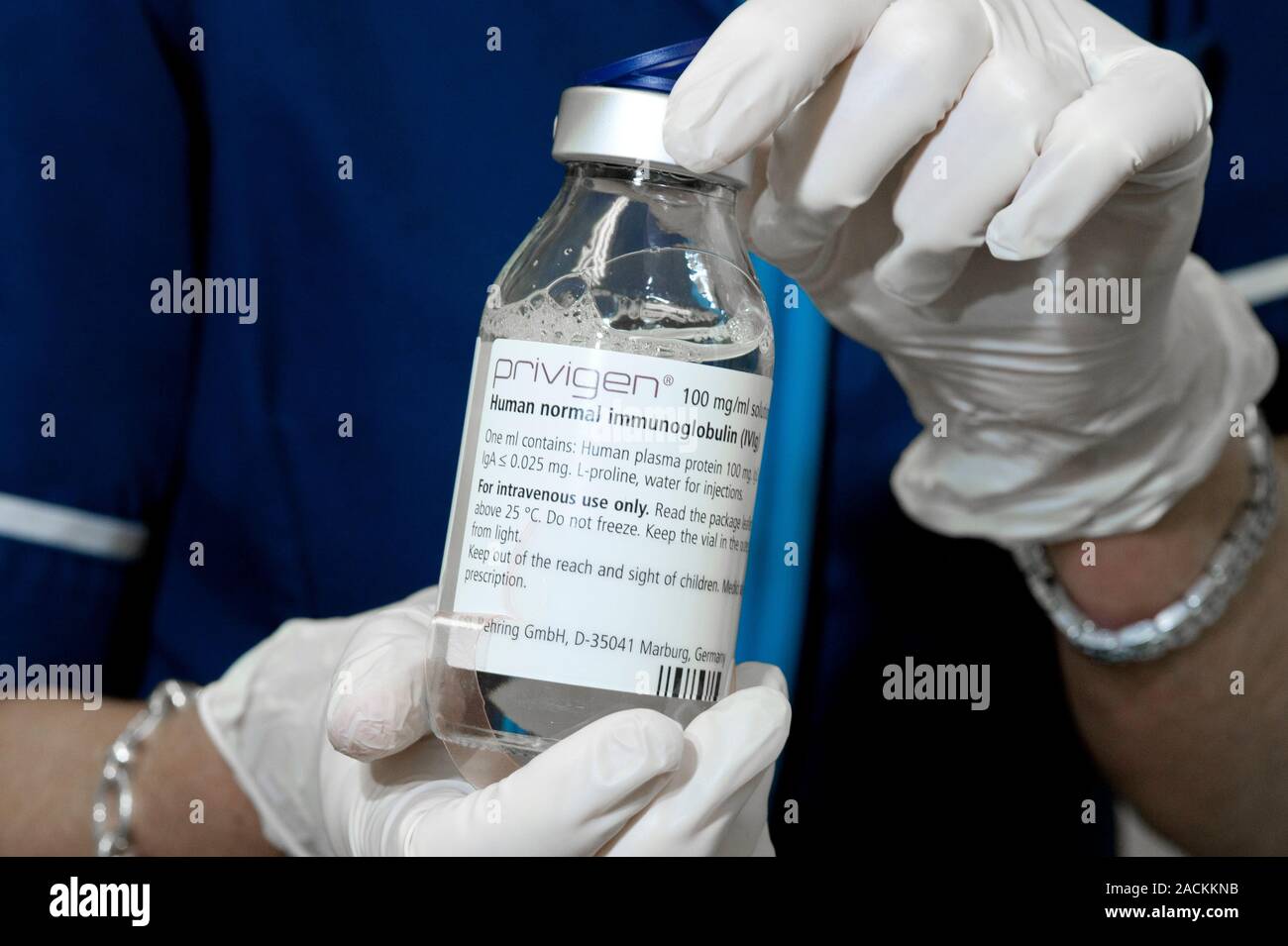 Bottle of Privigen infusion to be administered intravenously to a ...