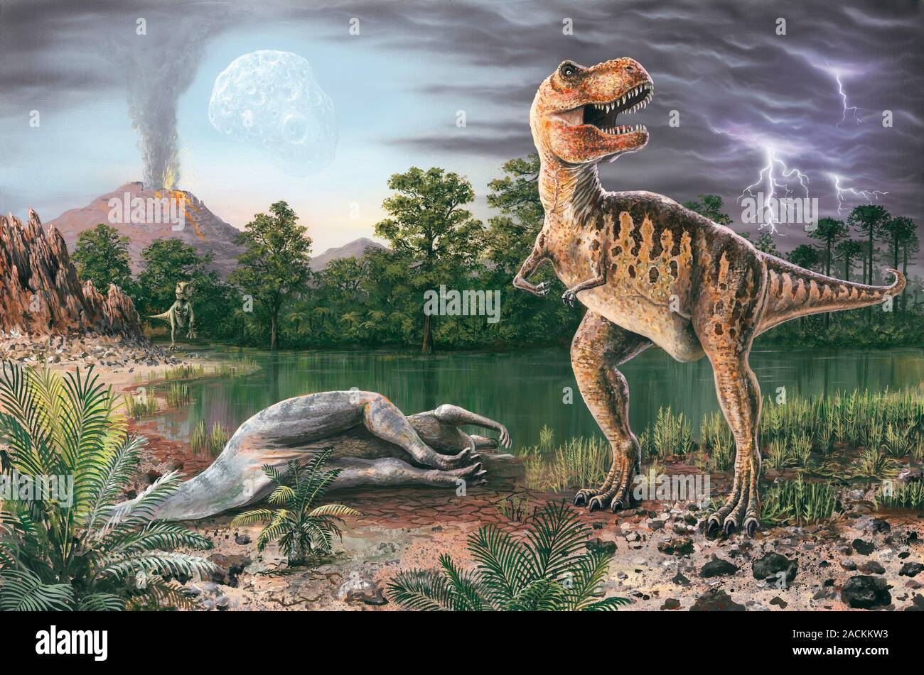 Cretaceous-Tertiary extinction event. Artwork of the K-T asteroid ...