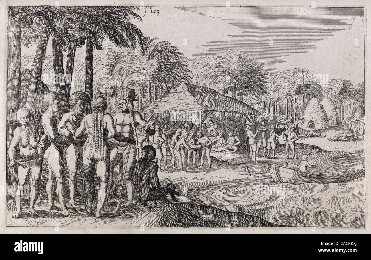 Schouten exploring New Guinea. Artwork showing a group of islanders in ...
