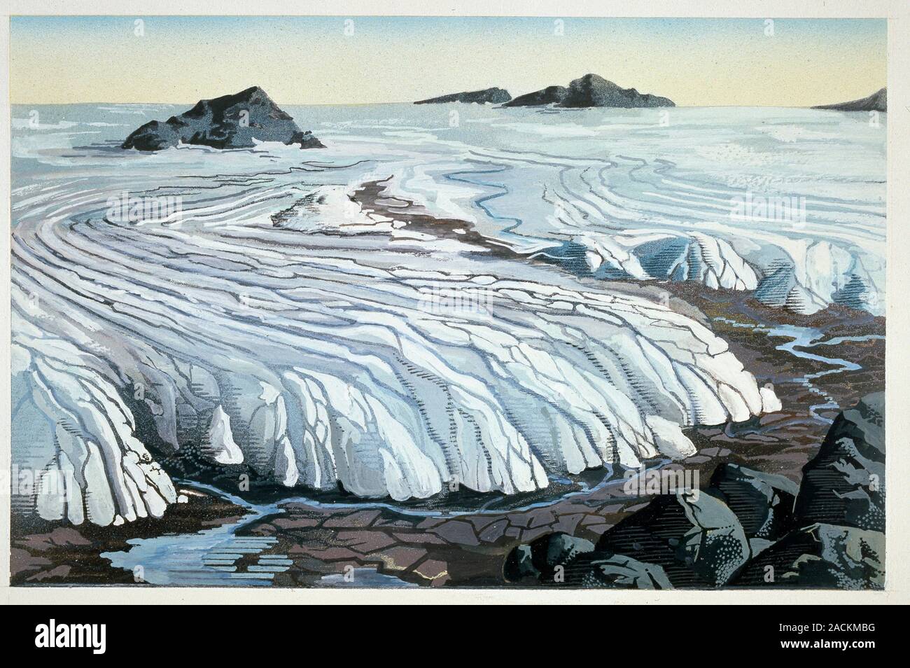 Retreating prehistoric ice sheet. Artwork of an ice sheet retreating ...
