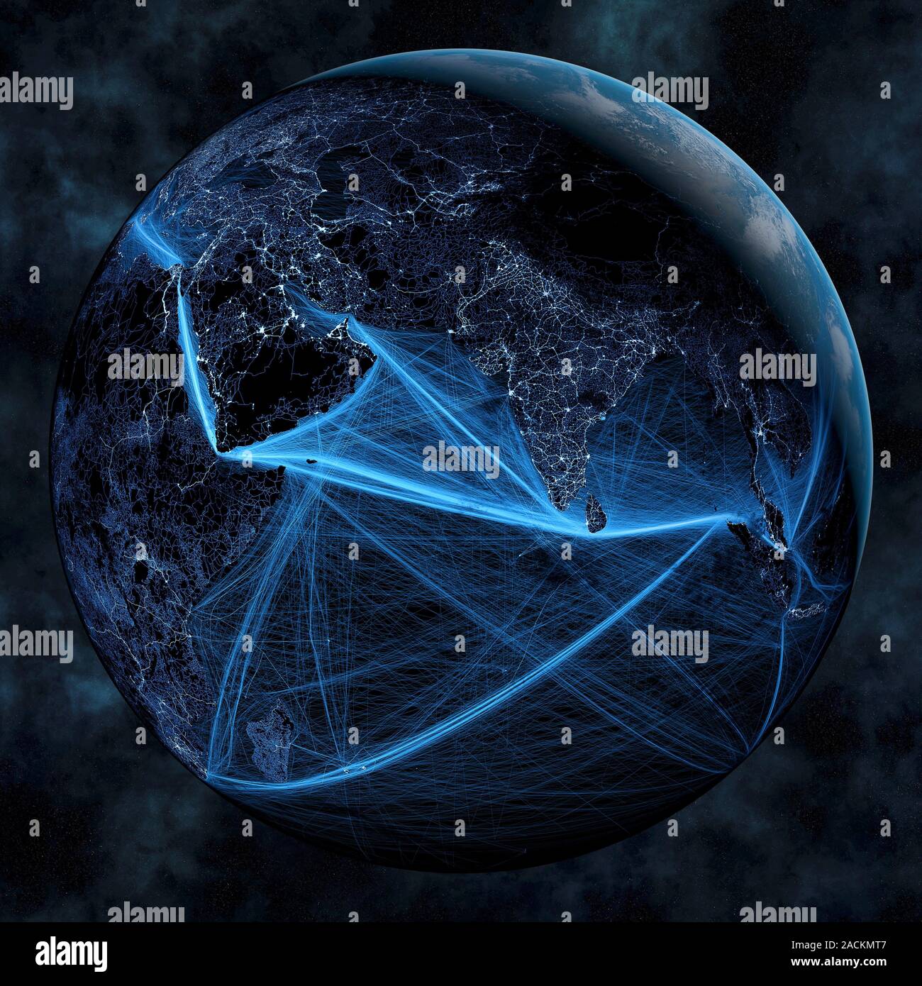 Indian Ocean at night. Global map showing major road and rail networks ...