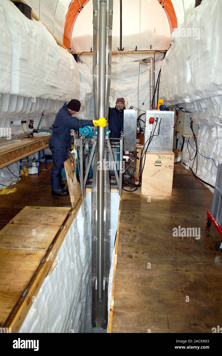 Antarctic research station. Scientists at an ice-core drilling site on ...