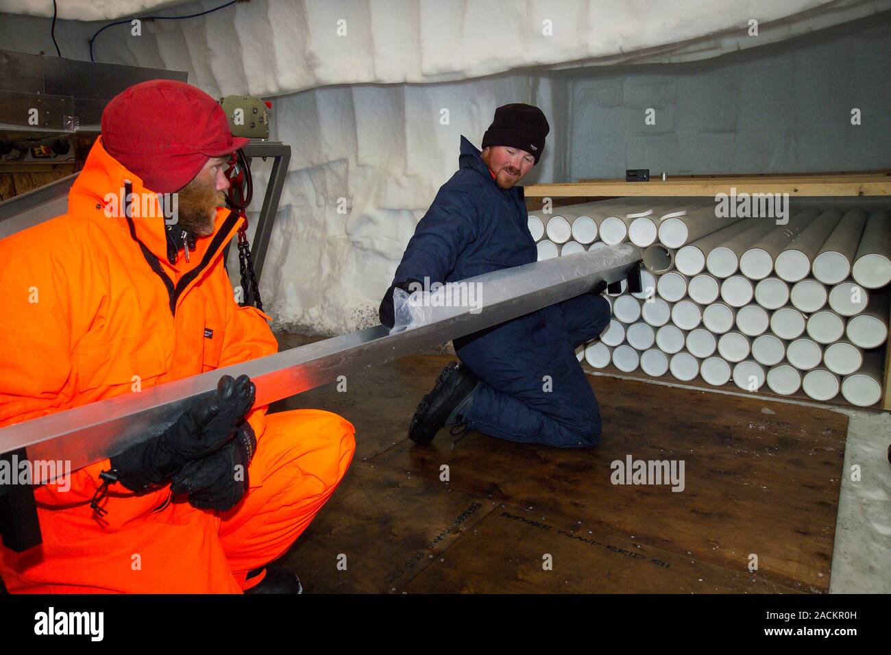 Antarctic research station. Scientists storing ice-cores at an ice-core ...