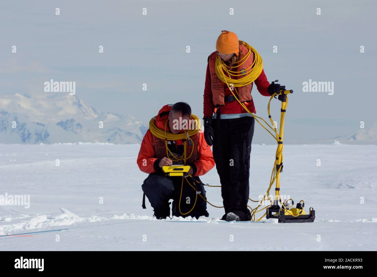 Antarctic research expedition. Ice penetrating RADAR being used during ...